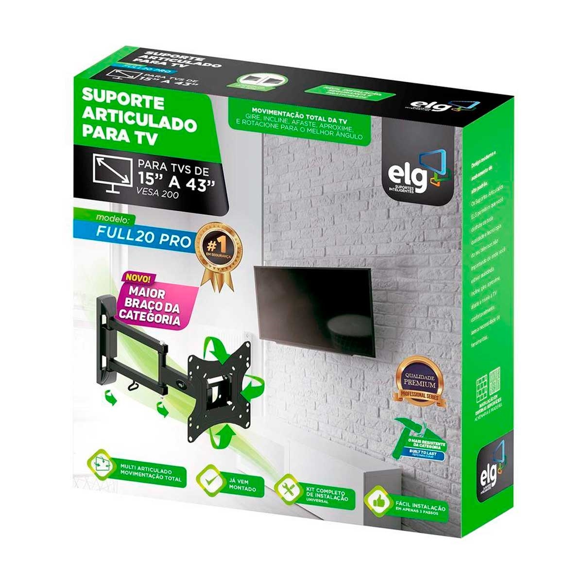 Suporte Articulado ELG Preto 15A para TV Até 43 Polegadas - FULL20PRO