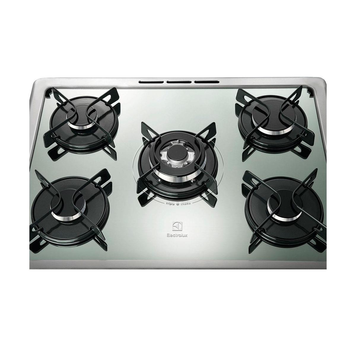 Fogão Electrolux 76GDX Inox 5 bocas, Forno Duplo, Mesa de Vidro, Grill ...